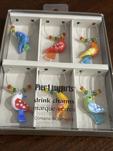 Set of 6 Pier 1 Imports Glass Parrots Birds Wine Glass Drink Charms ...