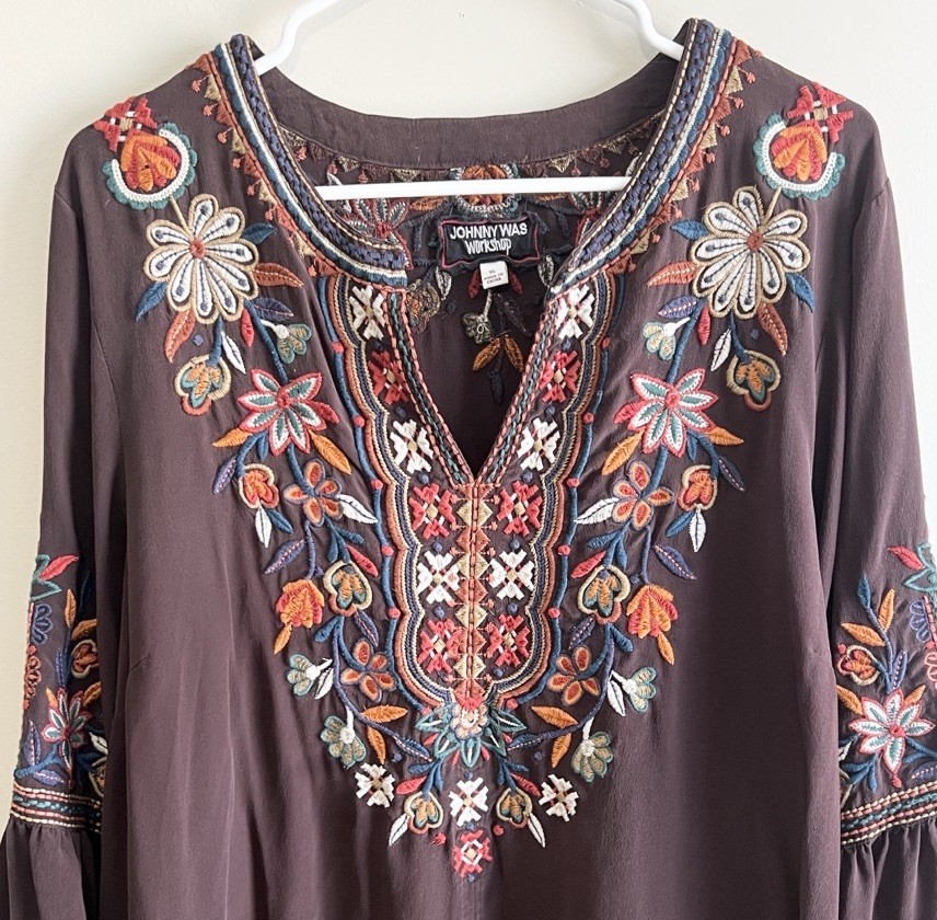 Johnny Was Women's Lailani Embroidered 100% Silk Tunic Dress Brown Size ...