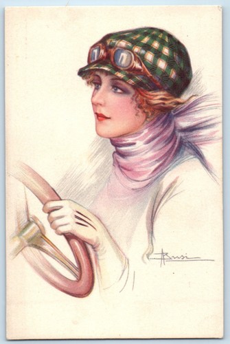 Pretty Woman Motorist Adolfo Busi Italy Artist Signed Vintage Unposted ...