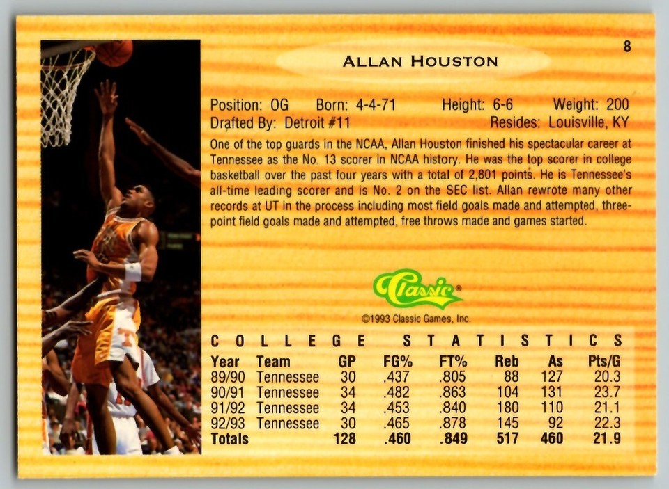 1993-94 CLASSIC DRAFT PICKS ALLAN HOUSTON TENNESSEE VOLUNTEERS/DETROIT ...