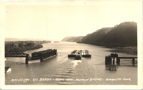 MISSISSIPPI OIL BARGE marquette ia real photo postcard rppc iowa river ...