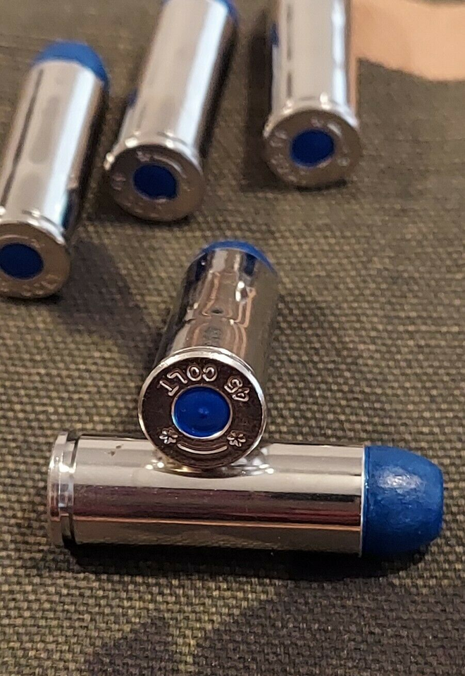 45 LONG COLT SNAP CAPS SET OF 6, BLUE AND NICKEL, REAL WEIGHT!!! 45LC ...
