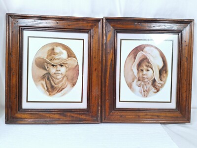 Vel Miller Prints 1970’s ART Girl Boy Western Set with Wood Frames 15 x ...