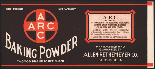 Vintage label ARC BAKING POWDER One Pound size Allen Rethemeyer Co St ...