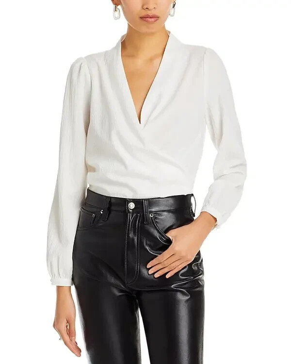Faux Wrap Blouse White Ruched Waist Faux Wrap Top In Cream Retro,