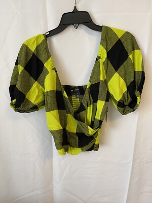 BP. + WILDFANG Smocked Back Surplice Top Green- Black Buffalo Check ...