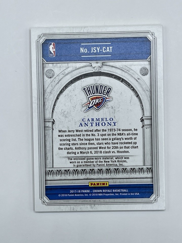2017-18 Crown Royale Jerseys 137/249 Carmelo Anthony #JSY-CAT OKC ...