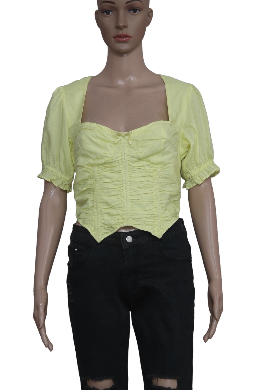 UO Kyra Ruched Blouse Top Urban Outfitters Smocked Puff Sleeve Yellow ...