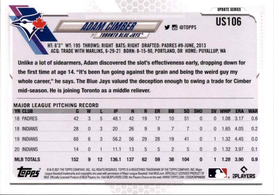 2021 Topps Update Series Adam Cimber Toronto Blue Jays #US106 | eBay