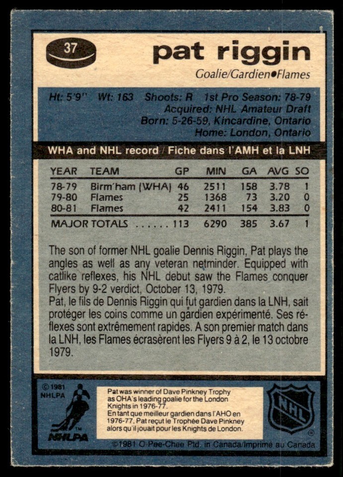 1981-82 O-Pee-Chee Pat Riggin RC Calgary Flames #37 | eBay