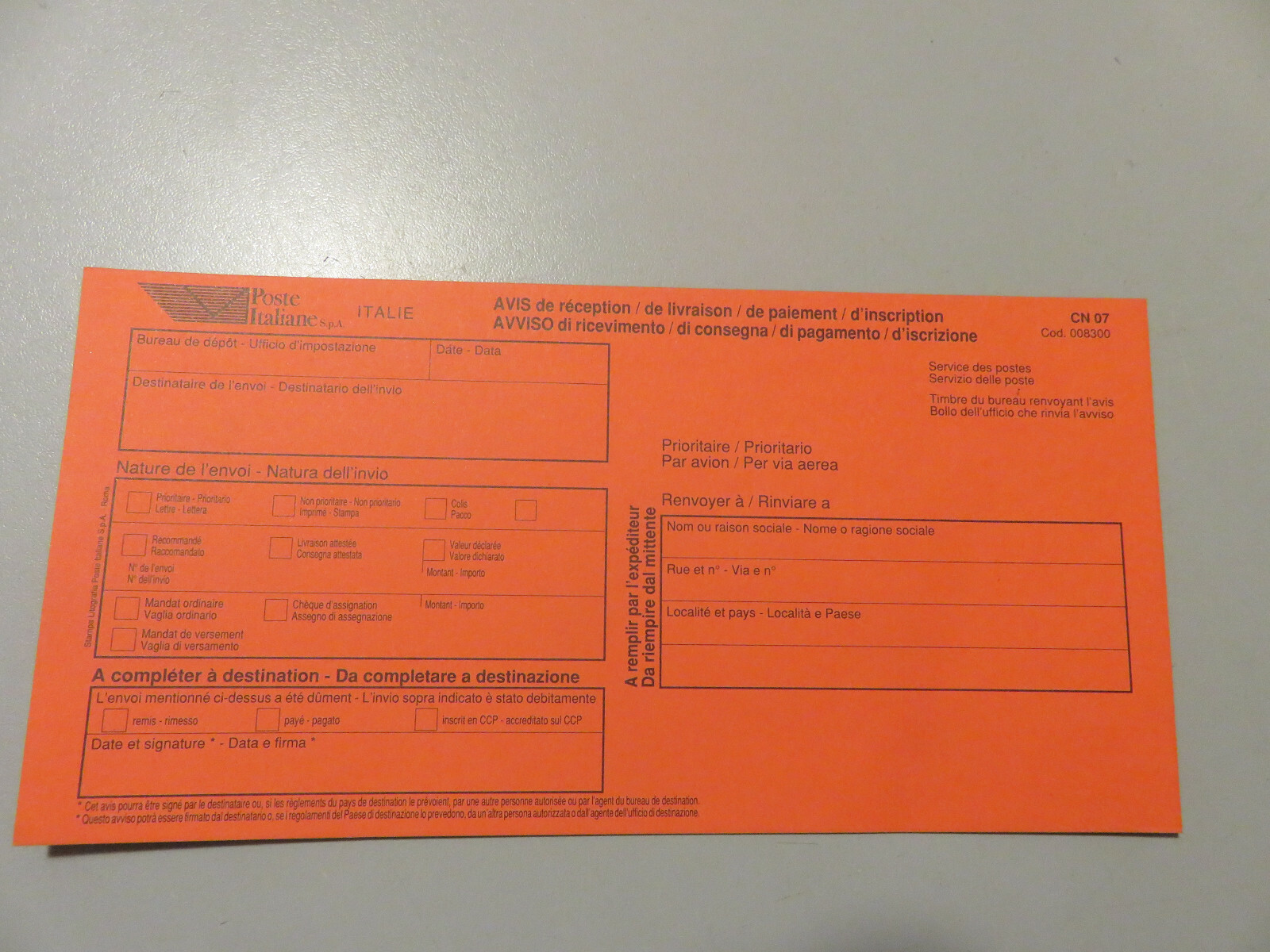 Avviso di Ricevimento - POSTE ITALIANE vintage modello CN07 | eBay