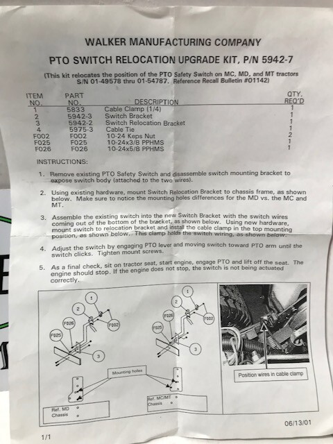 Walker 5942-7 PTO Switch Relocation Upgrade Kit for sale online | eBay