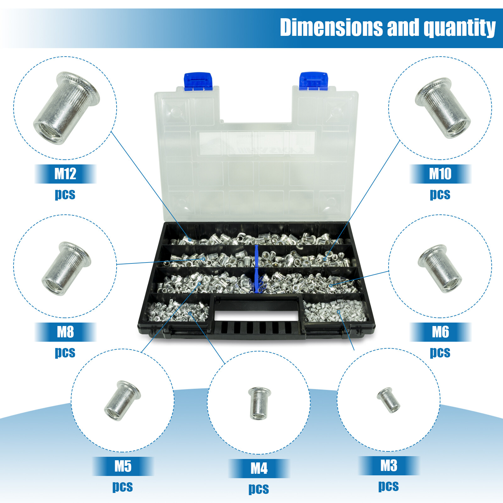 275tg Aluminium Nietmuttern-Set-Satz-Sortiment M3 M4 M5 M6 M8 M10 M12 ...