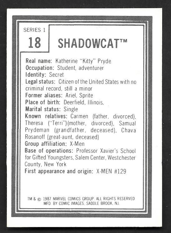 1987 COMIC IMAGES MARVEL UNIVERSE SERIES I - SHADOWCAT ROOKIE CARD #18 ...
