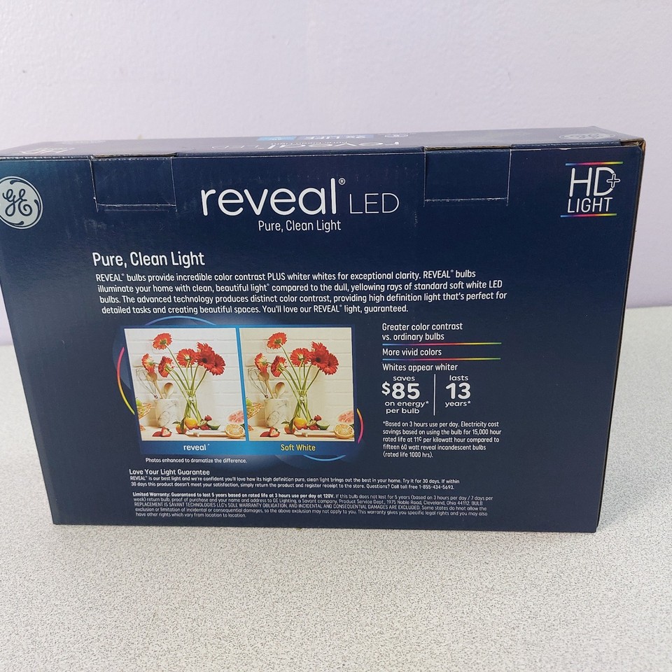 Lot 8 GE LED Light Bulb Reveal 8W 60W A19 #44952 HD+ White 610 Lum NEW ...