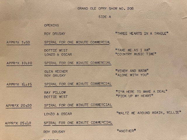 GRAND OLE OPRY Radio Show No. 208 (Oct. 1965) - RARE w/ cue sheet JIM ...