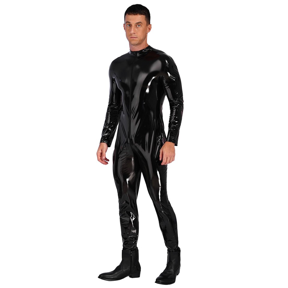 UK Sexy Men's Shiny Leather Long Sleeve Bodysuit Unitard Zipper Crotch ...