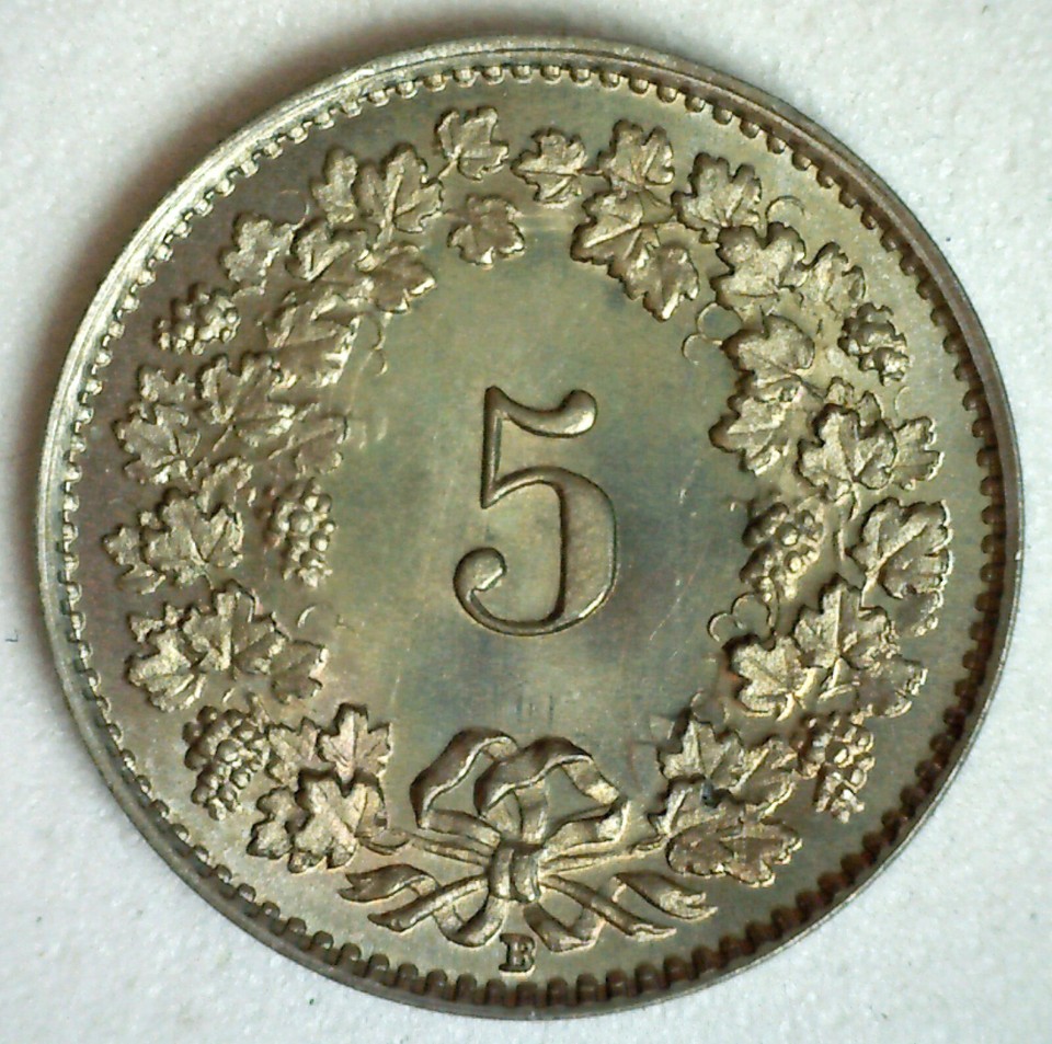 1925 B Switzerland Copper Nickel 5 Rappen Coin Brilliant Uncirculated ...