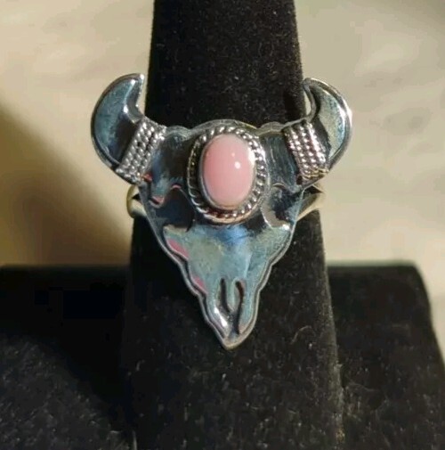 Hand Made Navajo Angel Skin Coral Ring Bull Head Size 9 And 5.5 Grams ...