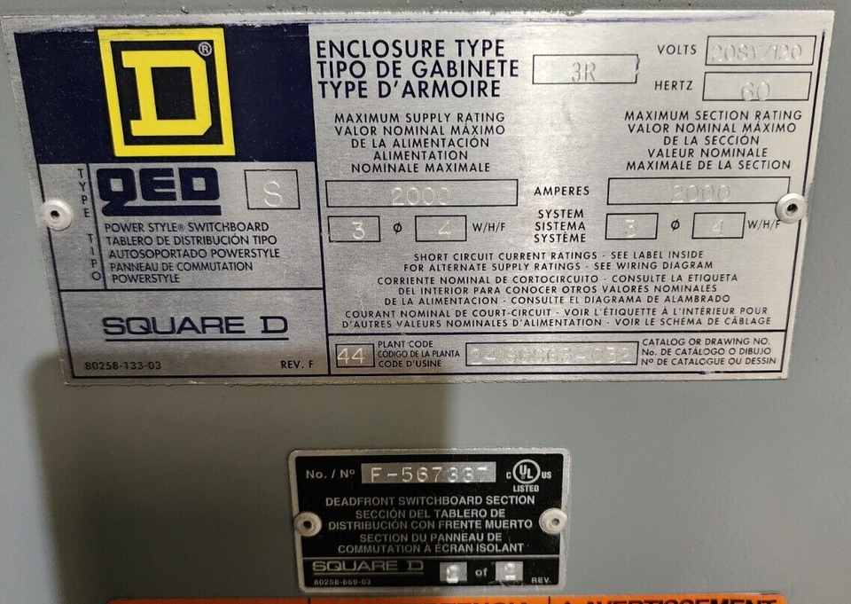 SQUARE D QED 2000 AMP 3 PH 4 WIRE 208/120V 3R SWITCHGEAR | eBay