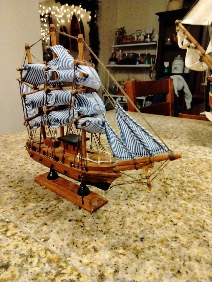 Sailing Ship Wooden Model - Three Masted, Full Sail - Fabric Sails ...