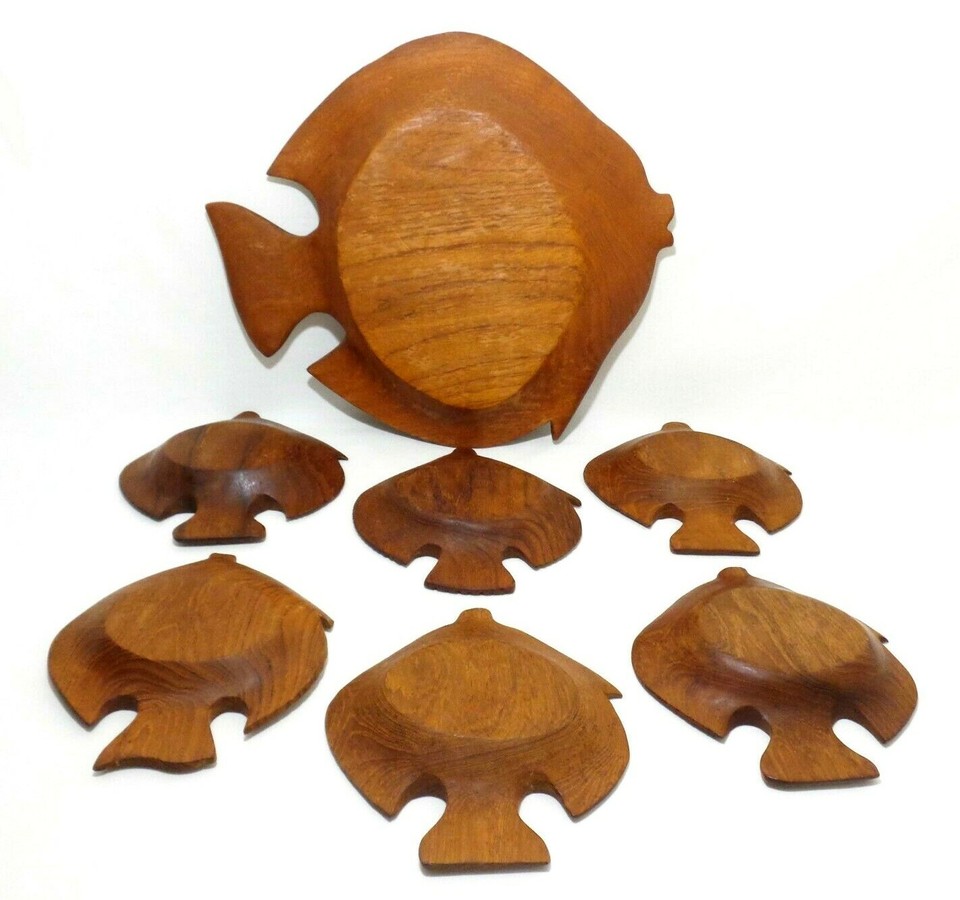 RARE MODERNIST VINT HAND CARVED FISH THEME TEAK WOOD SHALLOW BOWL, W/6 ...