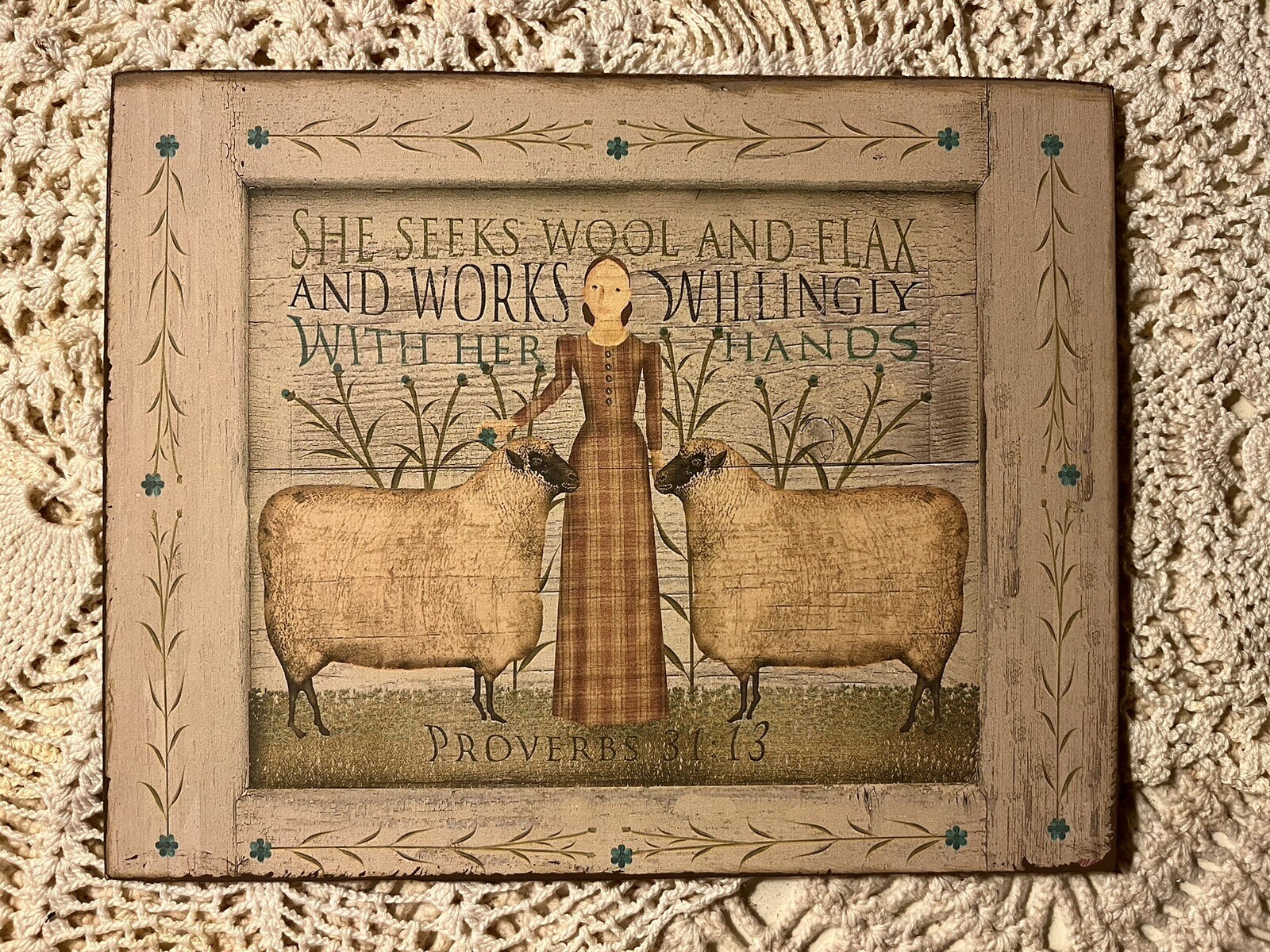 PRIMITIVE Folk Art, Sheep Woman, Wool & Flax, Artist Canvas Board Sign ...