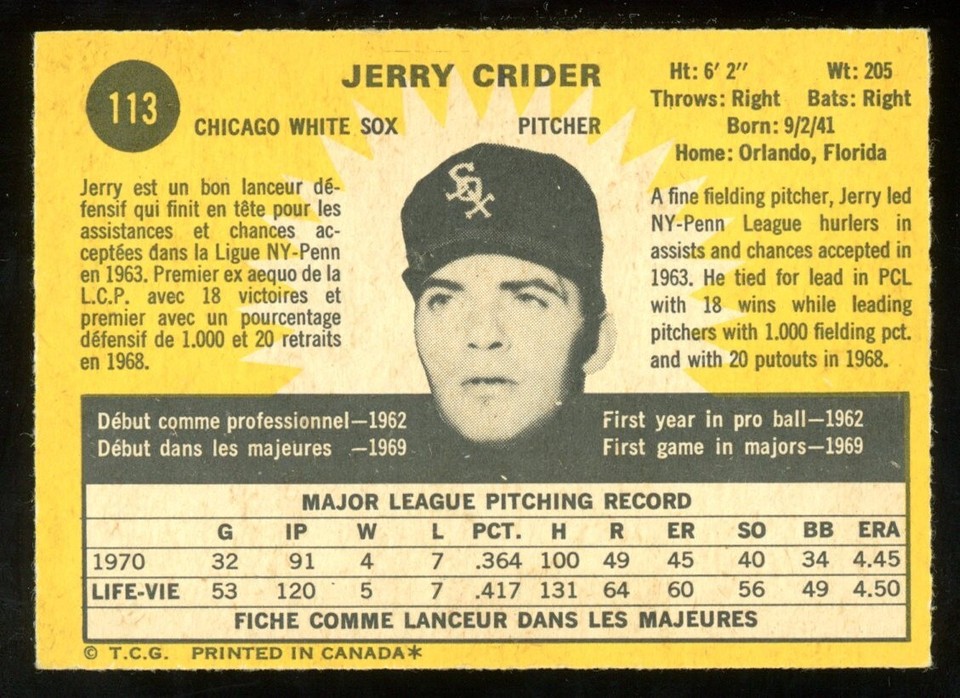 1971 TOPPS OPC O PEE CHEE MLB Baseball #113 JERRY CRIDER EX-NM CHICAGO ...