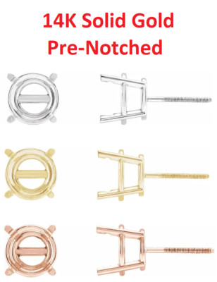14K Gold Round Pre-Notched Stud Earring Basket Setting Threaded Post ...