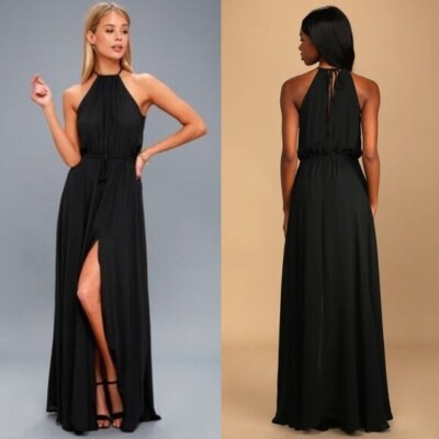 Lulu's Black Essence of Style Side Slit Halter Keyhole Maxi Dress ...