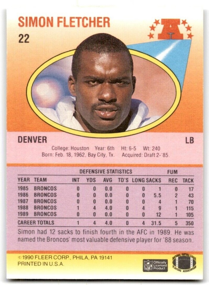 1990 Fleer Simon Fletcher Denver Broncos #22 | eBay