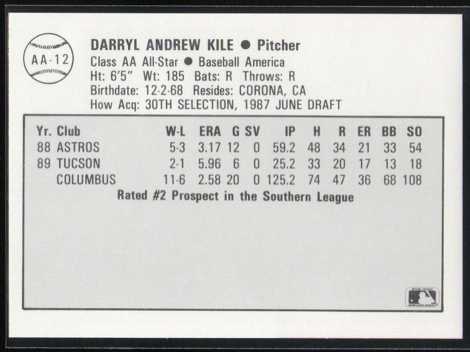 Darryl Kile 1989 Baseball America AA Prospects #AA12 Columbus Mudcats ...