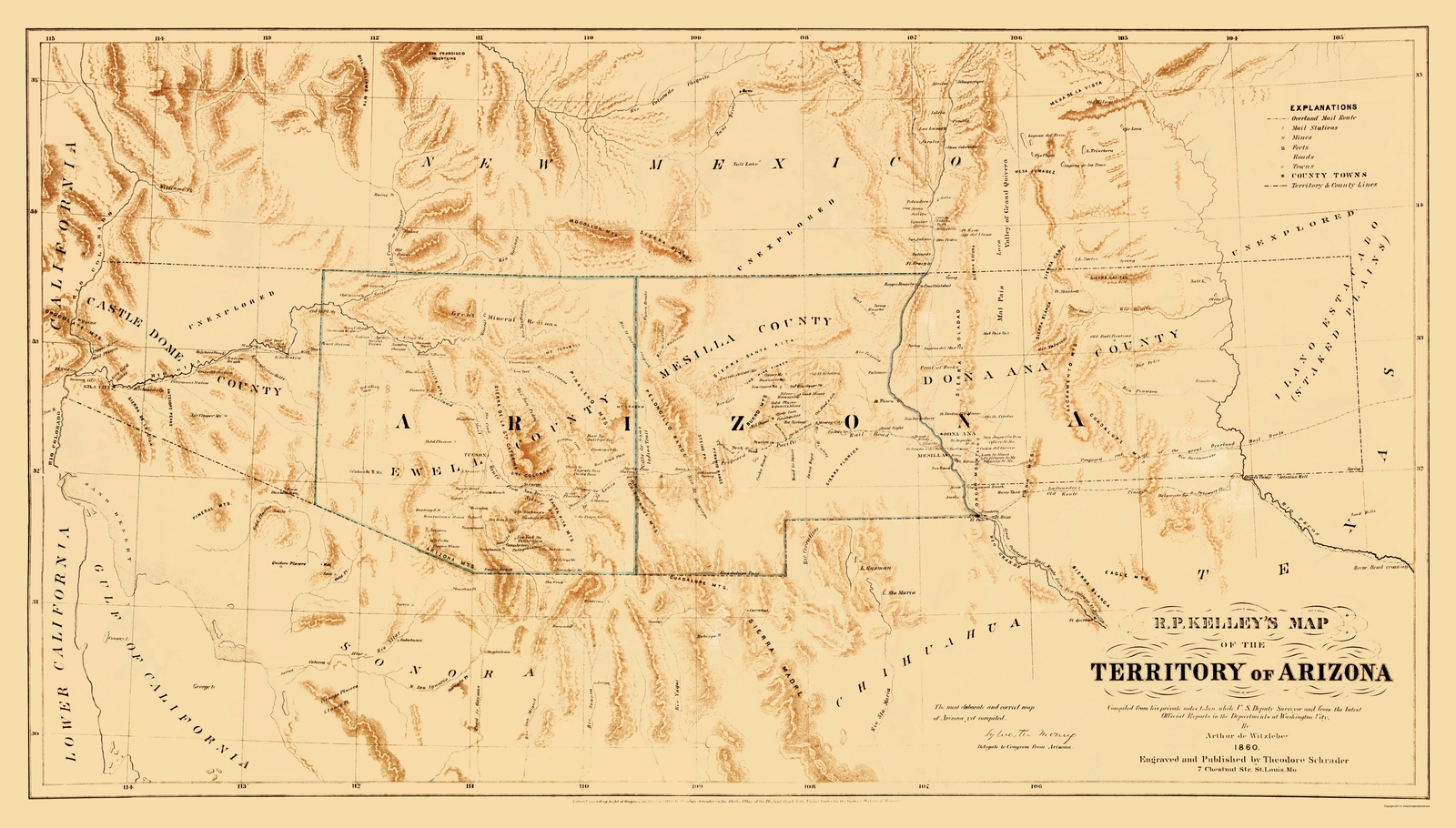 Historic State Map - Arizona Territory R.P. Kelley - Schrader 1860 - 23 ...
