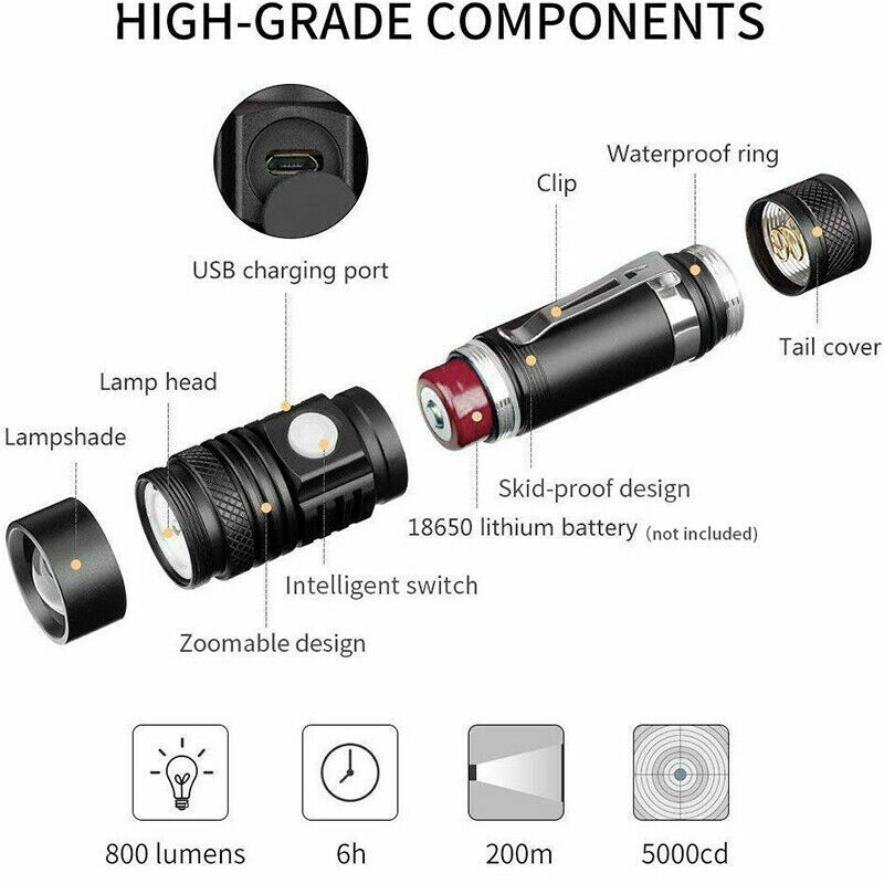 Super-Bright LED Tactical Flashlight Zoomable With Rechargeable Battery ...