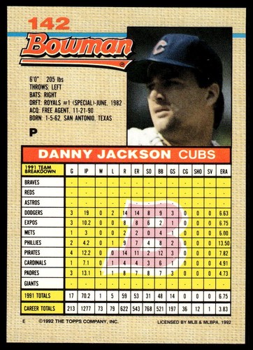 1992 Bowman #142 Danny Jackson Chicago Cubs Baseball | eBay