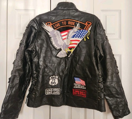Womens Diamond Plate Buffalo Leather Biker Motorcycle Jacket Patches ...