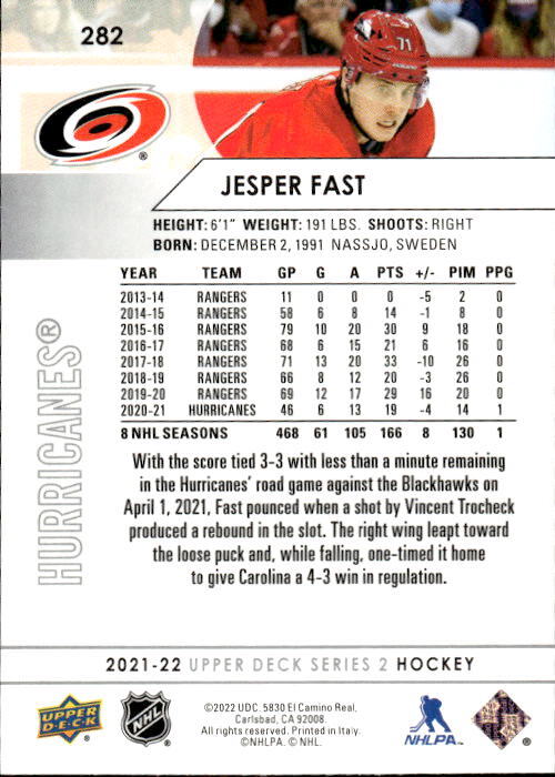 Jesper Fast 2021 Upper Deck #282 Carolina Hurricanes | eBay