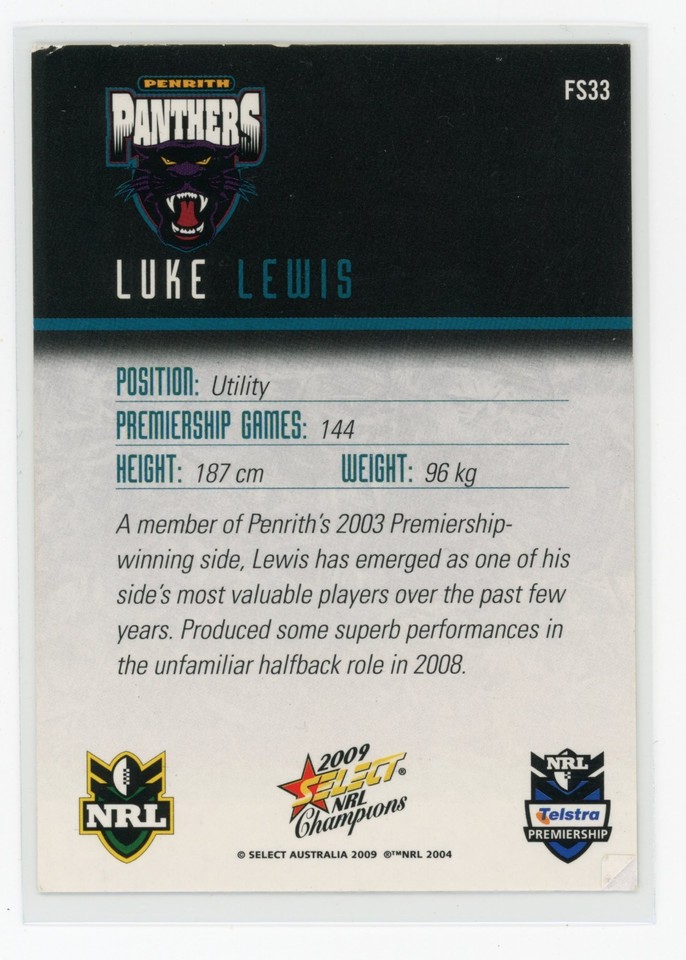 2009 Select Champions Luke Lewis (Panthers) Foil Signature NRL Card ...