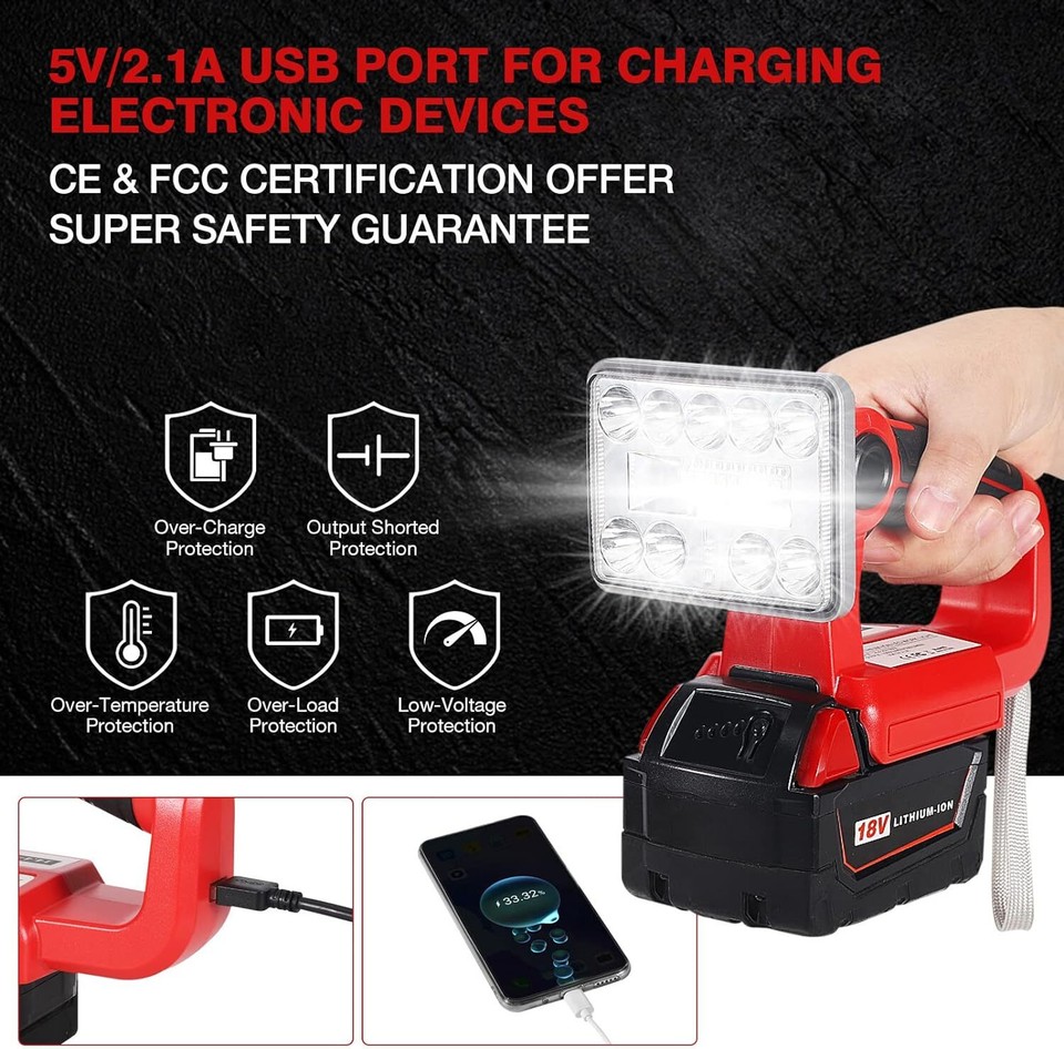 for Milwaukee M18 Battery Cordless LED Work Light 9W 1000LM Handheld ...