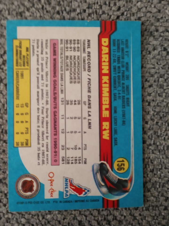 Darin Kimble St. Louis Blues 1991-92 OPC #156 autographed Hockey Card W ...