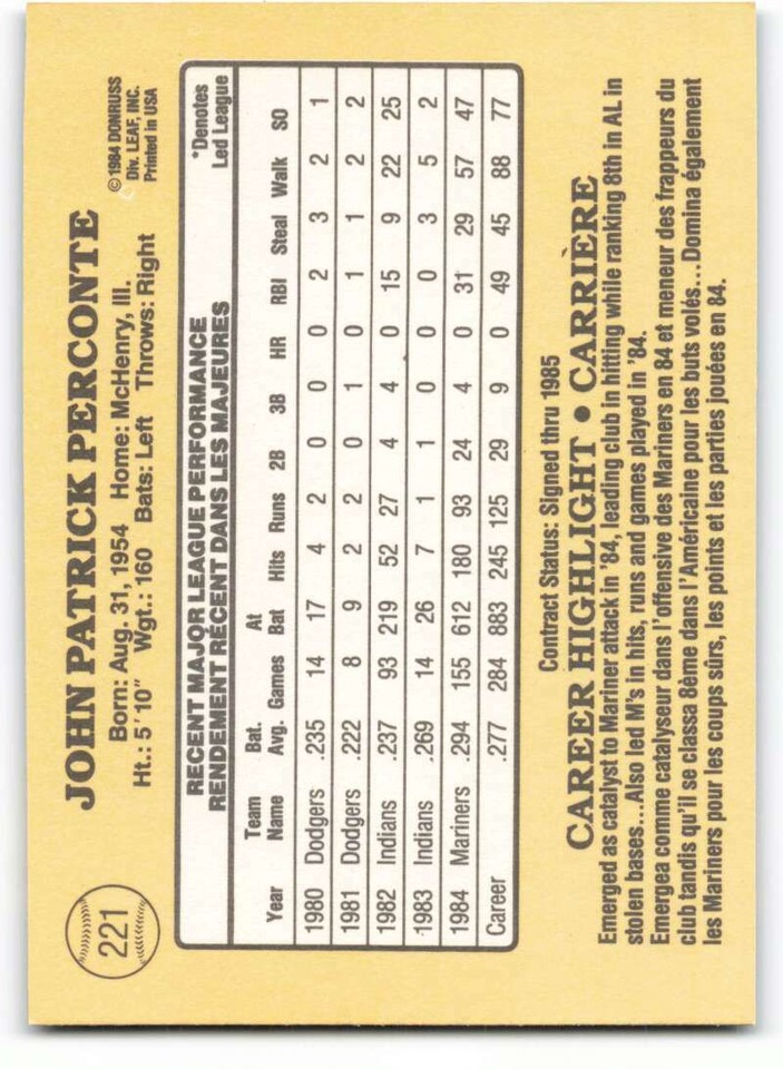 1985 Donruss/Leaf #221 Jack Perconte NM-MT Mariners ID:266241 | eBay