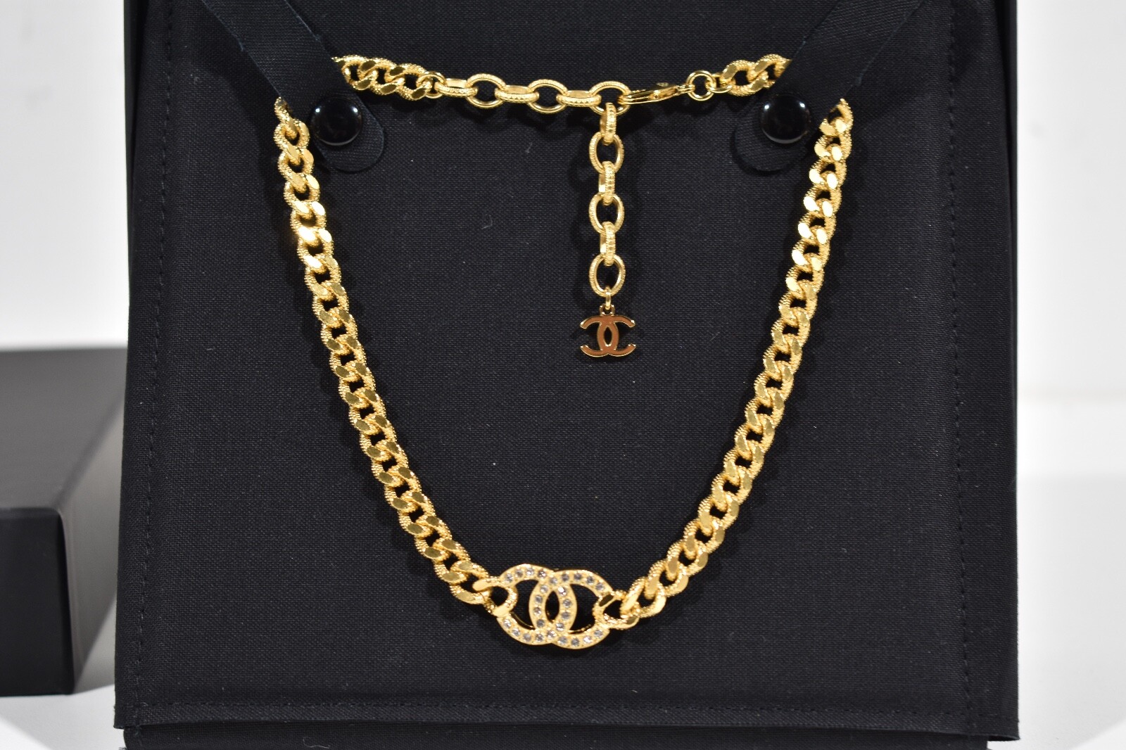 Chanel REV Gold Golden Cuban Link Chain Crystal CC Logo Choker Pendant ...