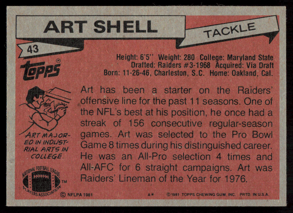 1981 Topps 43 Art Shell Oakland Raiders | eBay