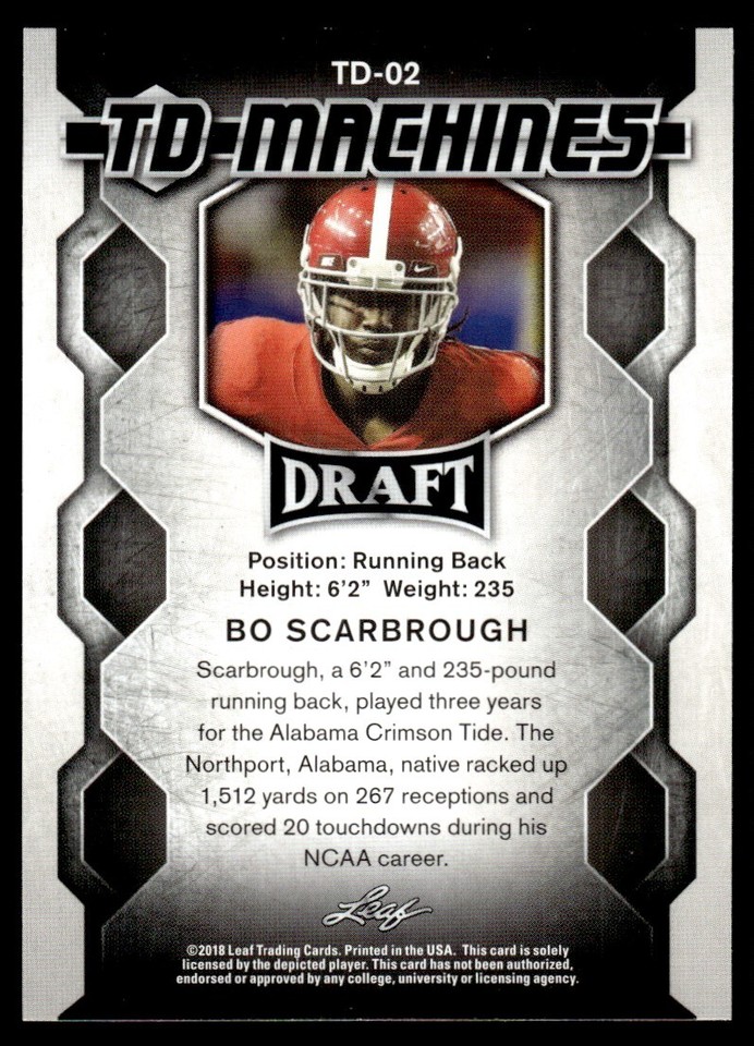 2018 Leaf Draft TD Machines Bo Scarbrough Alabama Crimson Tide #TD-02 ...