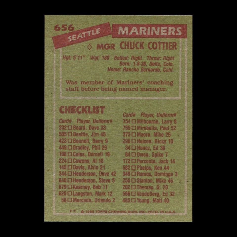 Chuck Cottier 1985 Topps Seattle Mariners #656 R322A 89 | eBay
