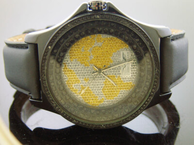 King Master Men's Round 12 Diamonds 50M Black Case Watch world map ...