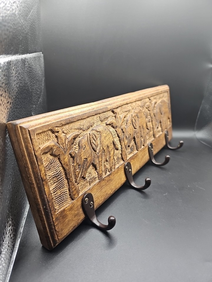Hand Carved Elephants Key Coat Rack Oak Wood With 4 Metal Hooks 15" | eBay