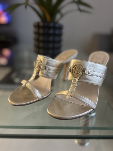 Christian Dior Vintage Gold Leather CD Logo Mules Slides Heels Sandals ...