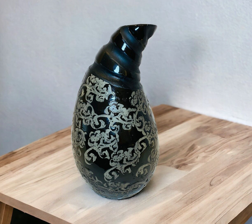 Black & Silver Ceramic Vase Unusual Twisted Floral Vines Design | eBay