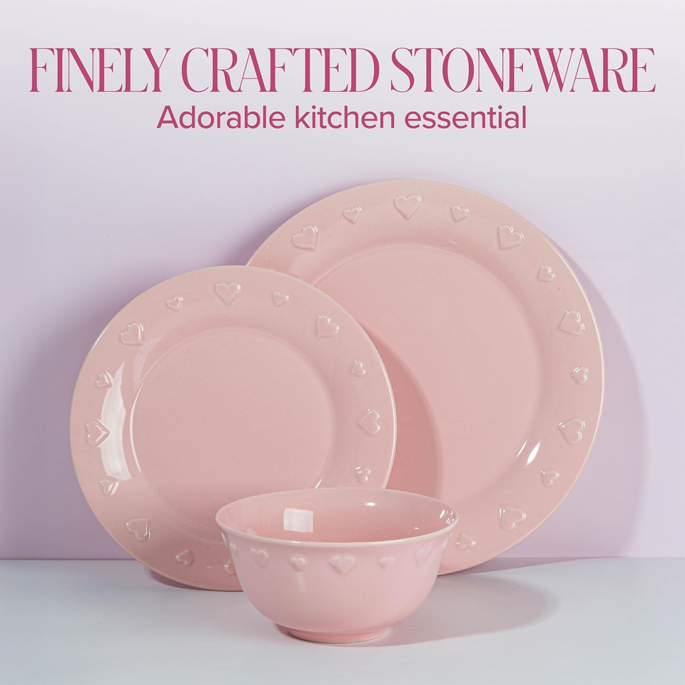 Charming 12-Piece Pink Dinnerware Set with Embossed Hearts for 4 ...